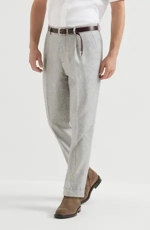 Brunello Cucinelli Silk And Cashmere Cavalry Tweed Trousers With Pleat - Light Grey