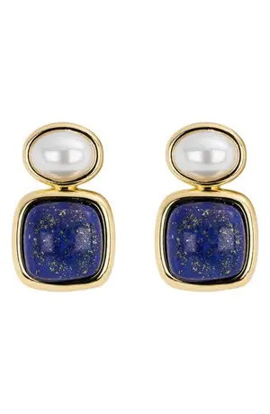 ATHRA LUXE Lapis And Imitation Pearl Drop Earrings - Blue Gold