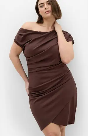 City Chic Ruched One-shoulder Mini Dress - Chocolate
