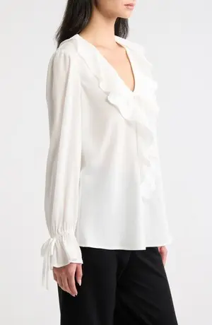 TAHARI ASL Ruffle V-neck Shirt - Ivory