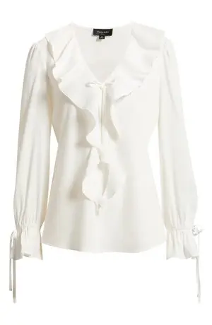 TAHARI ASL Ruffle V-neck Shirt - Ivory