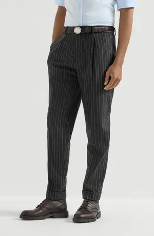 Brunello Cucinelli Virgin Wool And Cashmere Chalk Stripe Flannel Trousers With Pleat - Anthracite
