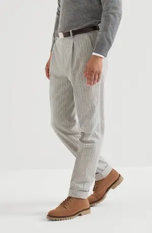 Brunello Cucinelli Virgin Wool And Cashmere Chalk Stripe Flannel Trousers With Pleat - Light Grey