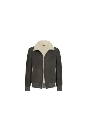 Brunello Cucinelli Suede Curly Shearling Bomber Jacket