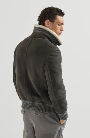 Brunello Cucinelli Suede Curly Shearling Bomber Jacket