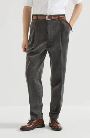 Brunello Cucinelli Frosted Cotton Corduroy Trousers With Double Pleats - Grey