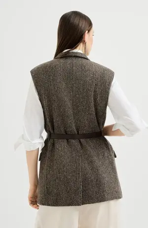 Brunello Cucinelli Sparkling Virgin Wool Chevron Vest With Leather Belt And Monili - Pine Cone Brown