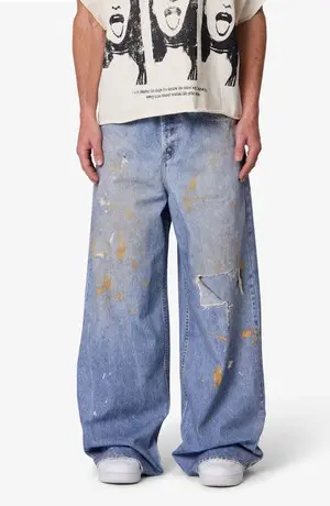 Mnml Rave Distressed Wide Leg Relaxed Jeans - Blue