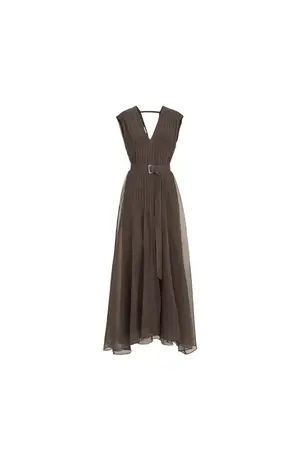 Brunello Cucinelli Crispy Silk Belted Dress With Pleated Detail And Precious Strap - Brown