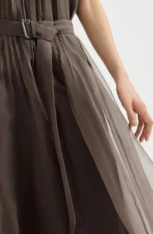 Brunello Cucinelli Crispy Silk Belted Dress With Pleated Detail And Precious Strap - Brown