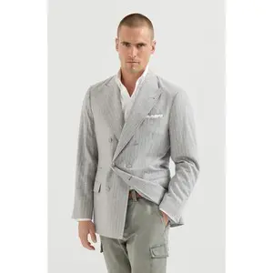 Brunello Cucinelli Virgin Wool And Cashmere Chalk Stripe Flannel One-and-a-half Breasted Deconstructed Blazer With Metal Buttons - Light Grey