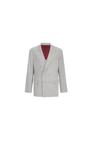 Brunello Cucinelli Virgin Wool And Cashmere Chalk Stripe Flannel One-and-a-half Breasted Deconstructed Blazer With Metal Buttons - Light Grey