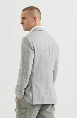 Brunello Cucinelli Virgin Wool And Cashmere Chalk Stripe Flannel One-and-a-half Breasted Deconstructed Blazer With Metal Buttons - Light Grey