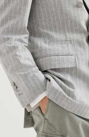 Brunello Cucinelli Virgin Wool And Cashmere Chalk Stripe Flannel One-and-a-half Breasted Deconstructed Blazer With Metal Buttons - Light Grey