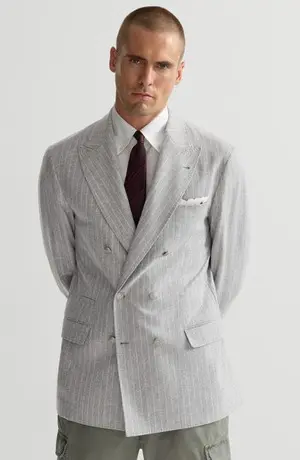 Brunello Cucinelli Virgin Wool And Cashmere Chalk Stripe Flannel One-and-a-half Breasted Deconstructed Blazer With Metal Buttons - Light Grey