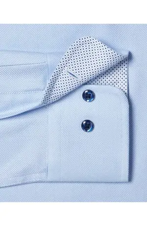 David Donahue Trim Fit Herringbone Contrast Cotton Dress Shirt - Sky