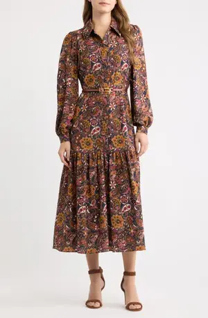 Eliza J Print Belted Long Sleeve Maxi Shirtdress - Navy Multi