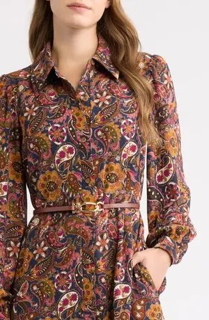Eliza J Print Belted Long Sleeve Maxi Shirtdress