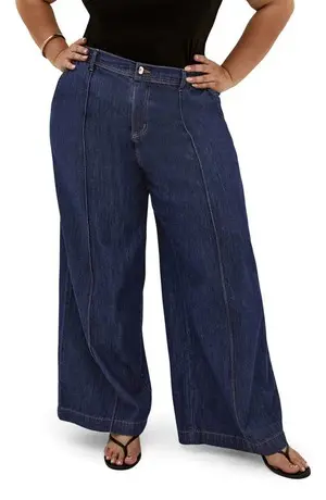 City Chic High Waist Wide Leg Jeans - Dark Denim