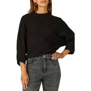 Wit & Wisdom Wit & Wisdom Three-Quarter Sleeve Crewneck Sweater With Textured Criss-Cross Detailing Black