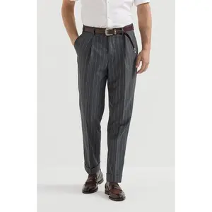 Brunello Cucinelli Super 150s Virgin Wool Wide Chalk Stripe Batavia Trousers With Pleat - Grey