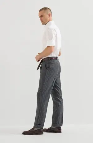 Brunello Cucinelli Super 150s Virgin Wool Wide Chalk Stripe Batavia Trousers - Grey