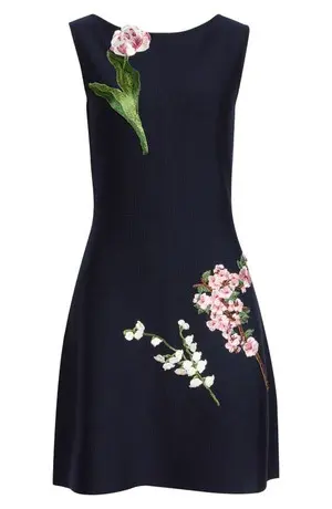 Oscar De La Renta Mixed Botanical Embroidered Wool Knit Dress