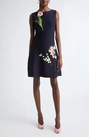 Oscar De La Renta Mixed Botanical Embroidered Wool Knit Dress - Navy