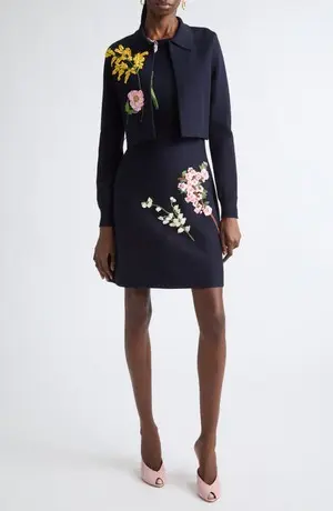 Oscar De La Renta Mixed Botanical Embroidered Wool Knit Dress - Navy