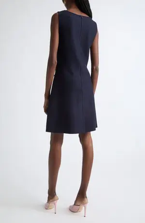 Oscar De La Renta Mixed Botanical Embroidered Wool Knit Dress - Navy
