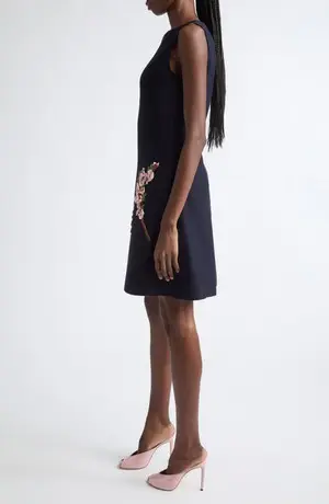 Oscar De La Renta Mixed Botanical Embroidered Wool Knit Dress - Navy