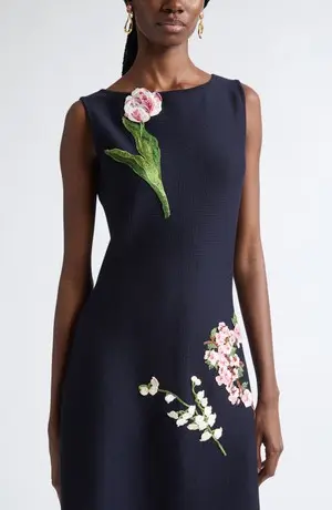 Oscar De La Renta Mixed Botanical Embroidered Wool Knit Dress - Navy