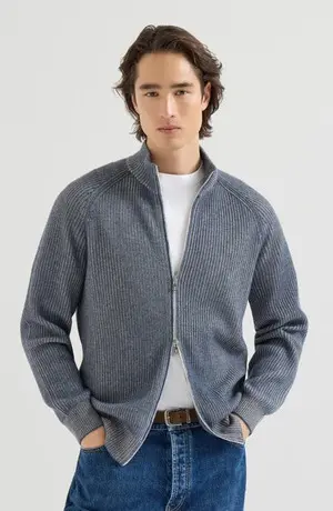 Brunello Cucinelli Cashmere Vanisé English Rib High-neck Cardigan With Zipper - Cerulean