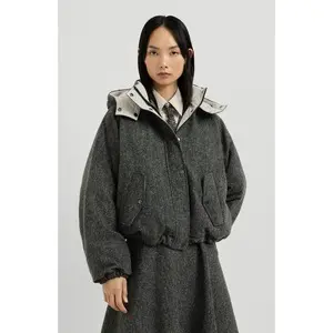 Brunello Cucinelli Virgin Wool Donegal Down Jacket With Detachable Hood And Shiny Zipper Pull - Anthracite