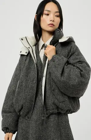 Brunello Cucinelli Virgin Wool Donegal Down Jacket With Detachable Hood And Shiny Zipper Pull