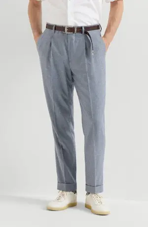 Brunello Cucinelli Cashmere And Silk Houndstooth Flannel Trousers With Pleat - Cerulean