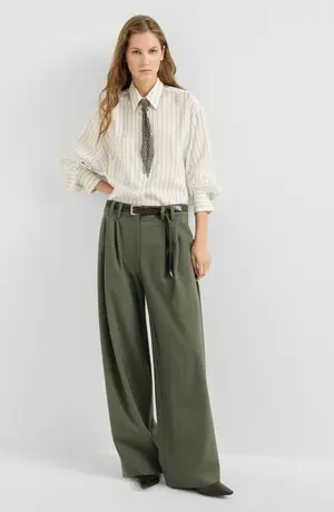 Brunello Cucinelli Tropical Luxury Wool Tailored Trousers With Monili