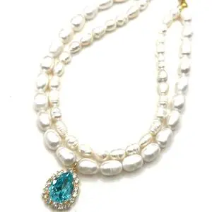 ACHALA HANDCRAFTED White / Blue / Green Pearl Drop Statement Necklace - White/blue/green