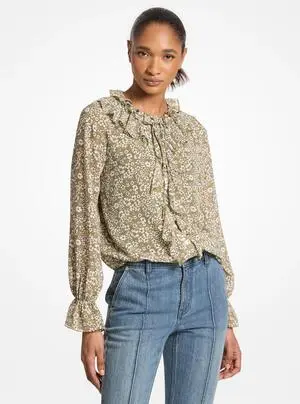 Michael Kors Floral Print Georgette Ruffle Blouse - Green