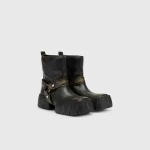 DIESEL® D-tex Distressed Leather Harness Ankle Boots - Brown