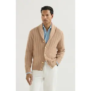 Brunello Cucinelli Ribbed Shawl Collar Cashmere Cardigan - Camel