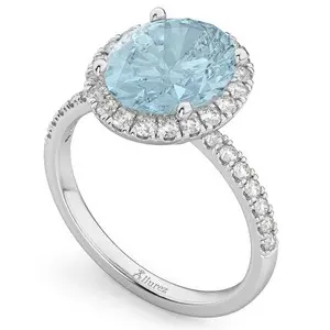 ALLUREZ Oval Cut Halo Aquamarine & Diamond Engagement Ring In 14k White Gold