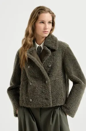 Brunello Cucinelli Fuzzy Shearling Pea Coat - Green
