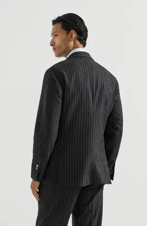 Brunello Cucinelli Virgin Wool And Cashmere Chalk Stripe Flannel Deconstructed Blazer With Large Peak Lapels And Metal Buttons - Anthracite