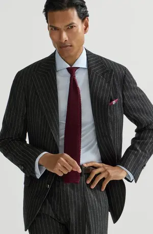 Brunello Cucinelli Virgin Wool And Cashmere Chalk Stripe Flannel Deconstructed Blazer With Large Peak Lapels And Metal Buttons - Anthracite