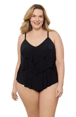 AQUA GREEN Triple Ruffle Tier Adjustable Tankini Swimsuit Top - Black