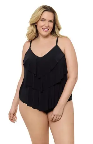 AQUA GREEN Triple Ruffle Tier Adjustable Tankini Swimsuit Top - Black