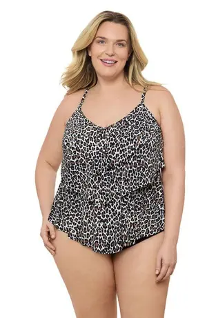 AQUA GREEN Triple Ruffle Tier Adjustable Tankini Swimsuit Top - Desert Leopard