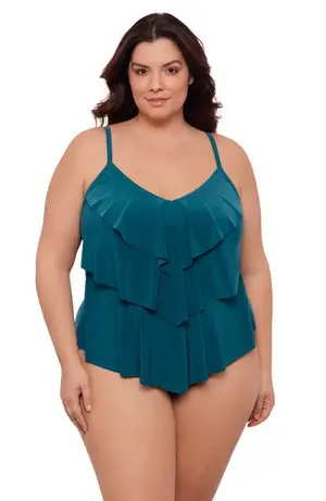 AQUA GREEN Triple Ruffle Tier Adjustable Tankini Swimsuit Top - Lagoon