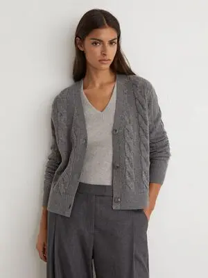 REISS Elowen Wool-cashmere Cable-knit Cardigan - Charcoal Grey